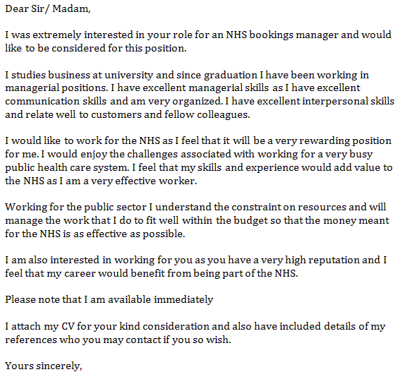 NHS Bookings Manager Cover Letter Example Learnist