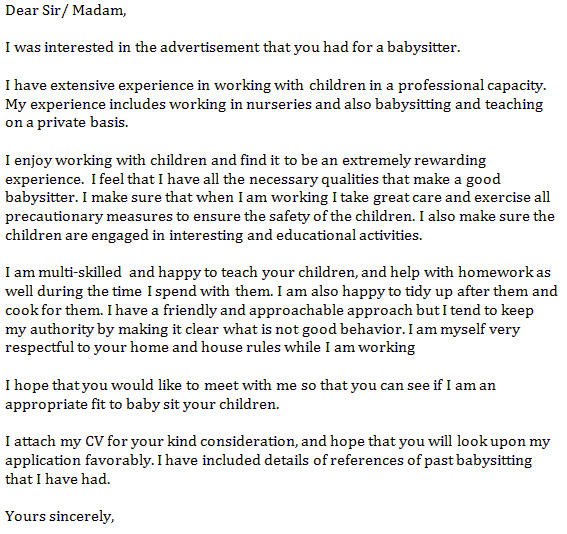 Babysitter Cover Letter Example Learnist