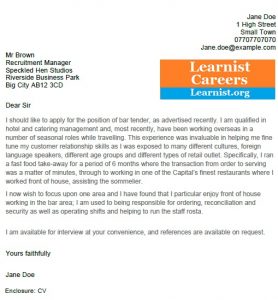 Bar Person Cover Letter Example - Learnist.org