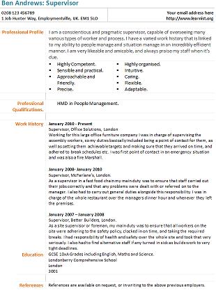 Supervisor CV Example - Learnist.org