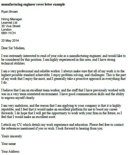 Manufacturing Engineer Cover Letter Example Learnist