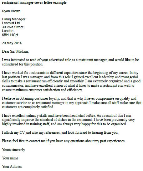 Restaurant Manager Cover Letter Example Learnist