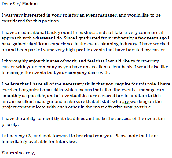 Event Manager Cover Letter Example Learnist