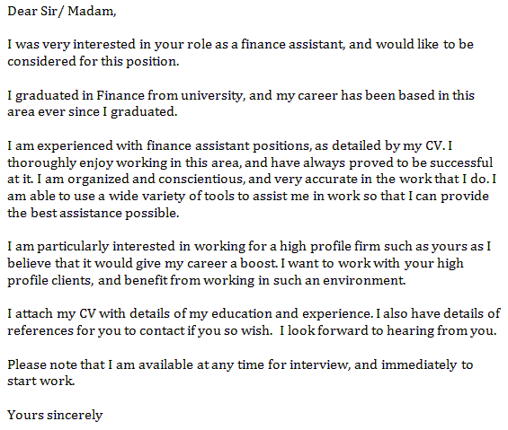 Finance Assistant Cover Letter Example Learnist