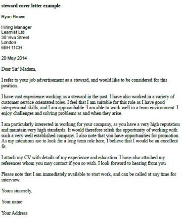 Steward Cover Letter Example - Learnist.org