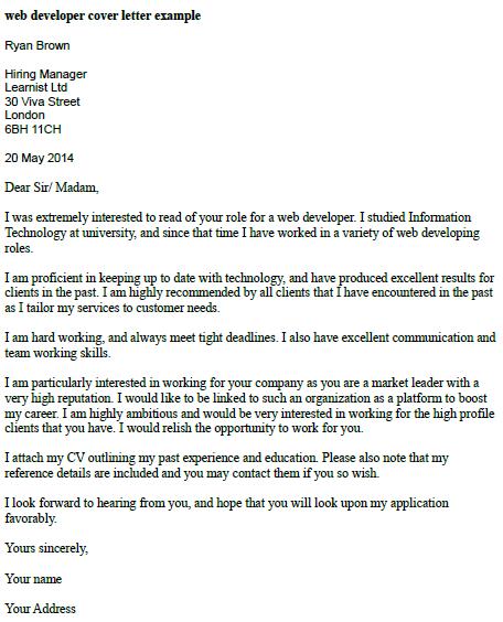 Web Developer Cover Letter Example Learnist