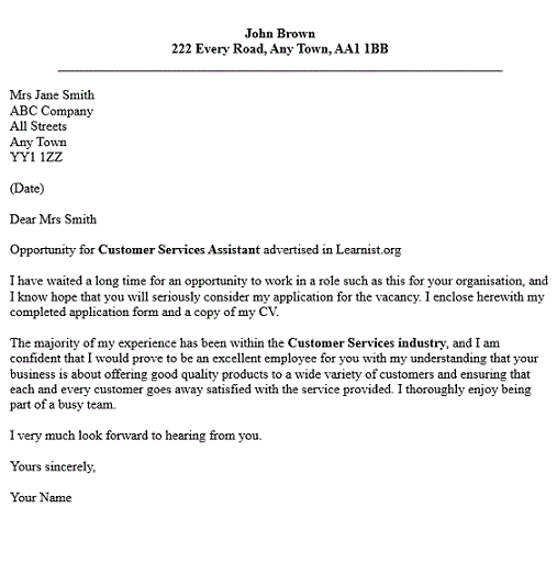 Customer Service Assistant Cover Letter Example Learnist