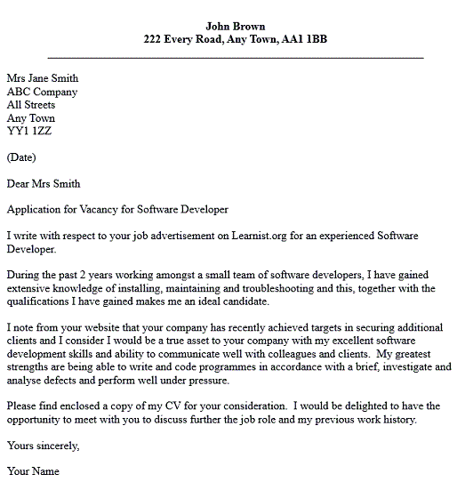 Software Developer Job Application Cover Letter Example Learnist