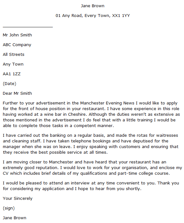 Front Of House Cover Letter Example Learnist