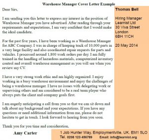 Warehouse Manager Cover Letter Example - Learnist.org